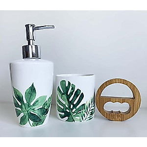 Ceramic Bathroom Sets,5 Pieces Bathroom Accessory Set-Lotion Dispenser,Toothbrush Holder,Tumbler & Soap Dish,Green Leaves Design Bath Ensemble (#2)