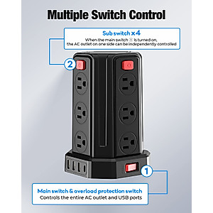 Power Strip Surge Protector, 10 Ft Extension Cord with 12 AC Multiple Outlets 4 USB (1 USB C), SMALLRT Power Tower Desktop Charging Station, Home Dorm Room Office Essentials, Desk Accessories Black