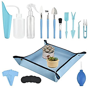 excvalues 23 Pcs Succulent Tools, Mini Garden Tools0001 Set, Miniature Succulent Hand Tools with Plant Potting Tarp Mat, Transplanting Tool Kit for Indoor Outdoor Mini Fairy Garden Plant Care (Blue)