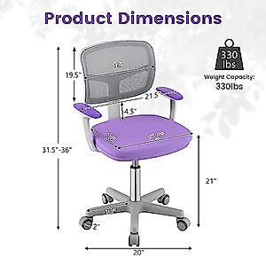 Giantex Kids Desk Chair, Height Adjustable Children Swivel Computer Chair with Y-Shaped Lumbar Support & Auto Sit-Locking Wheels, Mesh Kids Task Chair for Study, Boys Girls Aged 4-13,Purple
