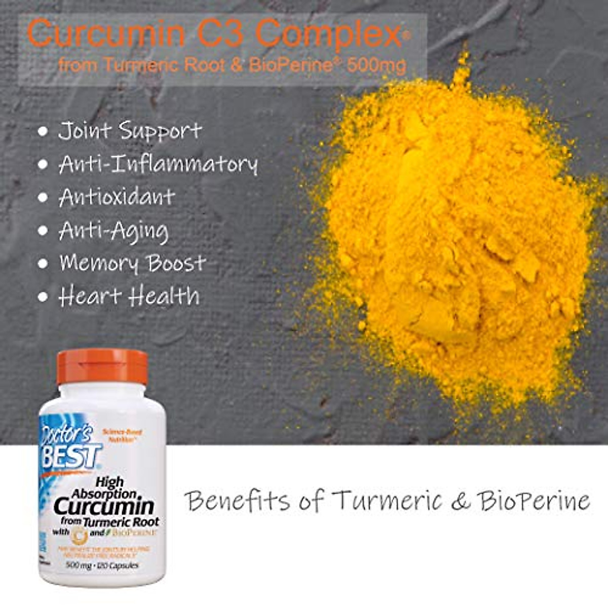 Doctor's Best DRB-00107 High Absorption Curcumin From Turmeric Root with C3 Complex & BioPerine 500mg (120 Capsules)