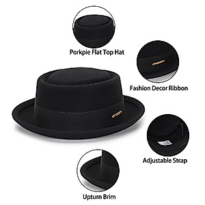 Classic 1920s Pure-Wool Roll-Brim Pork- Pie Fedora-Hat Men Women - Crushable Short-Brim Church Hat Boater-Hat Black