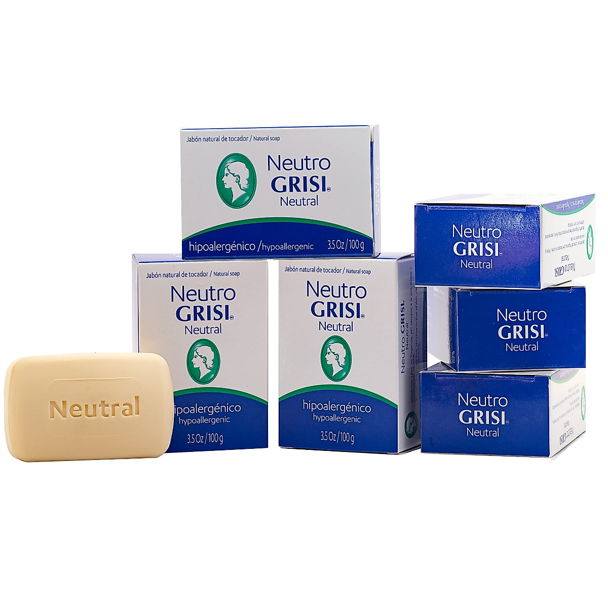 Grisi Neutral, Cleansing and Hypoallergenic Soap, Soften and Clean your skin, Non-Irritating, Fragrance-free, for All Kind of Skin, 6-Pack of 3.5 Oz each, 6 Bar Soaps.