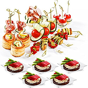 TOFLEN 100ct 1 oz Mini Dessert Plates with Tasting Spoons - Reusable Clear Plastic Square Party Serving Trays Mini Plates for Appetizers, Chocolates, Ice Cream, Fruit and More