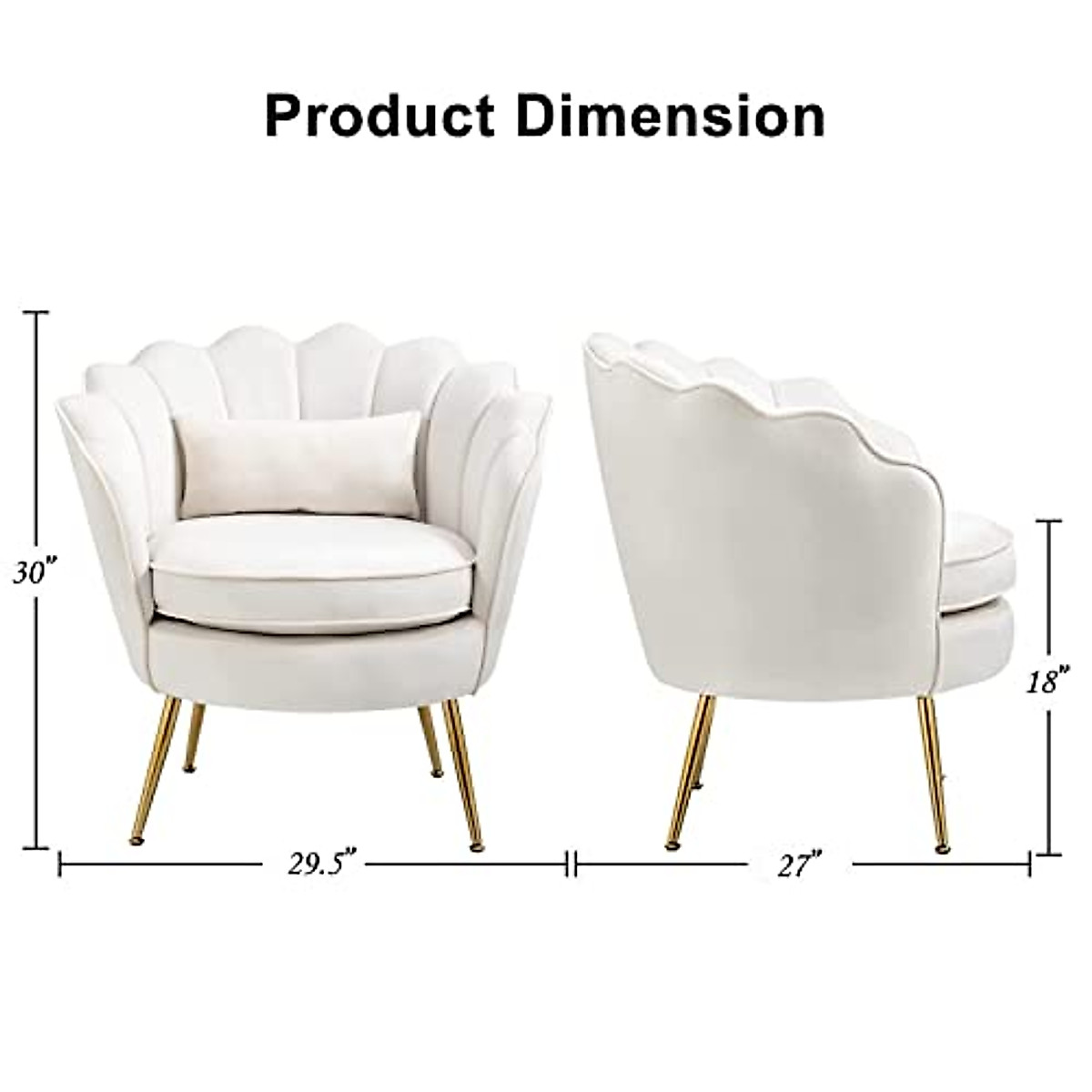 ZJhome Modern Accent Velvet Chairs Shell Shape Barrel Chairs Comfy Upholstered Vanity Chairs for Bedroom Armchair Chairs with Golden Metal Legs Makeup Chairs for Living Room (White)