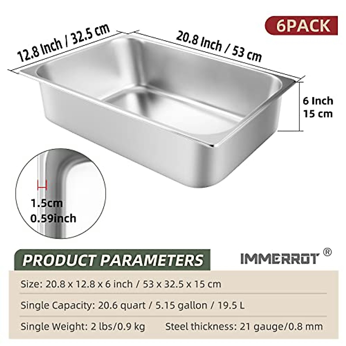 IMMERROT 6 Inch Deep Full Size Hotel Pans 21 Gauge Steam Table Pans Anti-Jamming Commercial 18/8 Stainless Steam Steamer Evaporator Pan for Catering Restaurant Food Storage 6 Pack