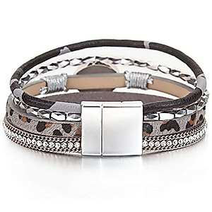 FANCY SHINY Leather Wrap Bracelet Boho Cuff Bracelets Crystal Bead Bracelet with Clasp Jewelry Gift for Women Teen Girls(7.7", Grey Leopard)