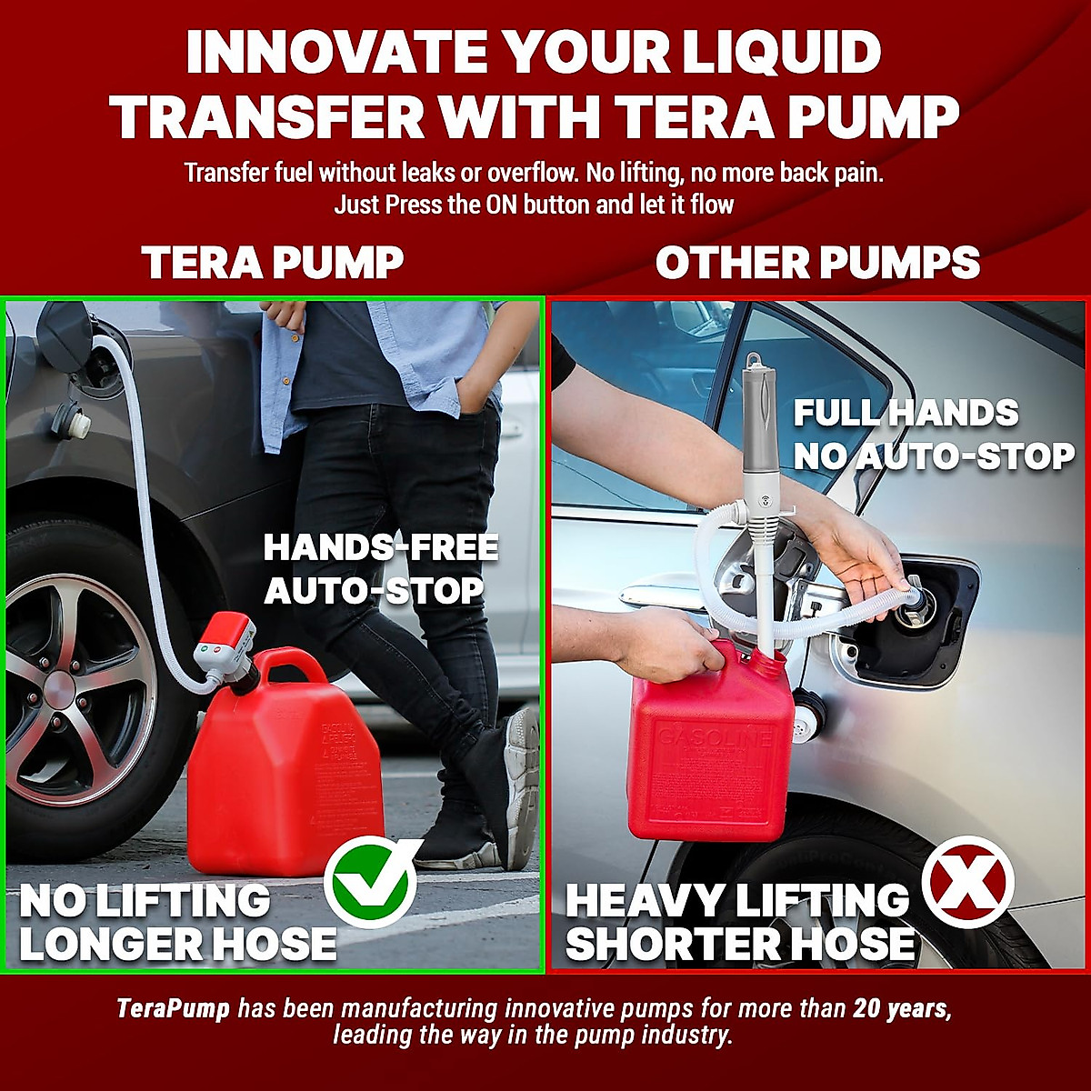 TERA PUMP 4th Gen TRFA01 Fuel Transfer Pump with Auto-Stop for Overfill Protection (2.9 GPM) Includes 3x Gas Can Adapters, Long Hose, Liquid Transfer Pump for E15, E85, Gas, Diesel & More