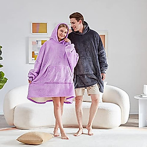 Touchat Wearable Blanket Hoodie, Oversized Sherpa Blanket Sweatshirt with Hood Pocket and Sleeves, Super Soft Warm Plush Hooded Blanket for Adult Women Men, One Size Fits All (Purple)
