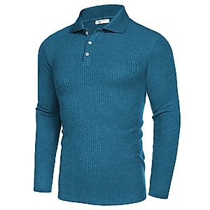 COOFANDY Mens Long Sleeve Polo Shirt Knit Pullover Golf Tops Sweater T Shirts Blue