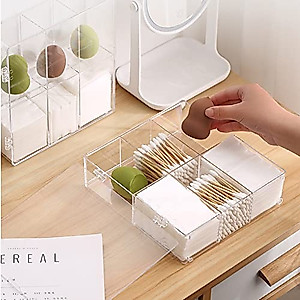 MYITYARD Qtip Holder, 6 Compartments Cotton Ball and Swab and Pad Dispenser with Lid, Clear Plastic Q-tip Storage Organizer for Bathroom Vanity Bedroom Dressing Countertop