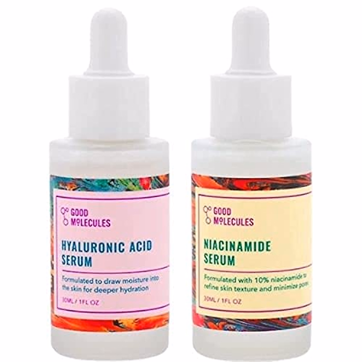 Good Molecules Hyaluronic Acid Serum 1 Oz. and Niacinamide Serum 1 Oz. SET. Brighten, Hydrate and Smooth Skin. Lightweight and Water Based Formula. Vegan and Cruelty Free.