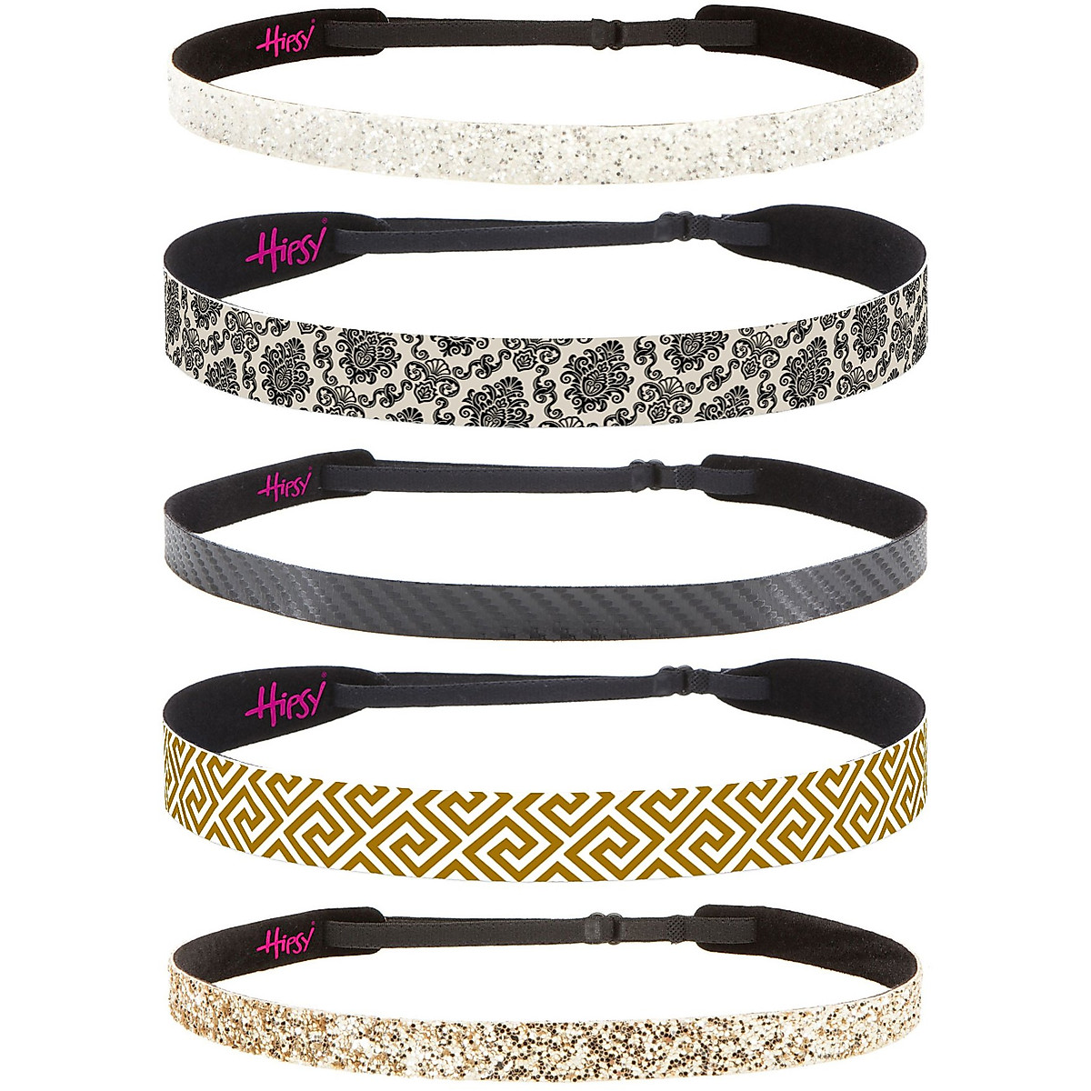 Hipsy Women's Adjustable No Slip Bling Glitter & Greek Key Fashion Headband 5-pack (White & Gold Multi 5pk)