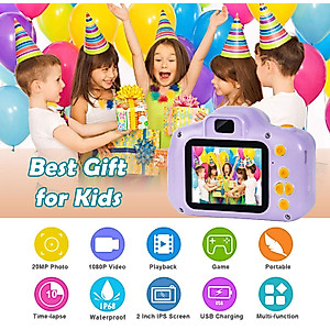 Agoigo Kids Waterproof Underwater Camera Toys for 3-12 Year Old Boys Girls Christmas Birthday Gifts Children HD Video Digital Cameras 2 Inch IPS Screen with 32GB Card (Purple)