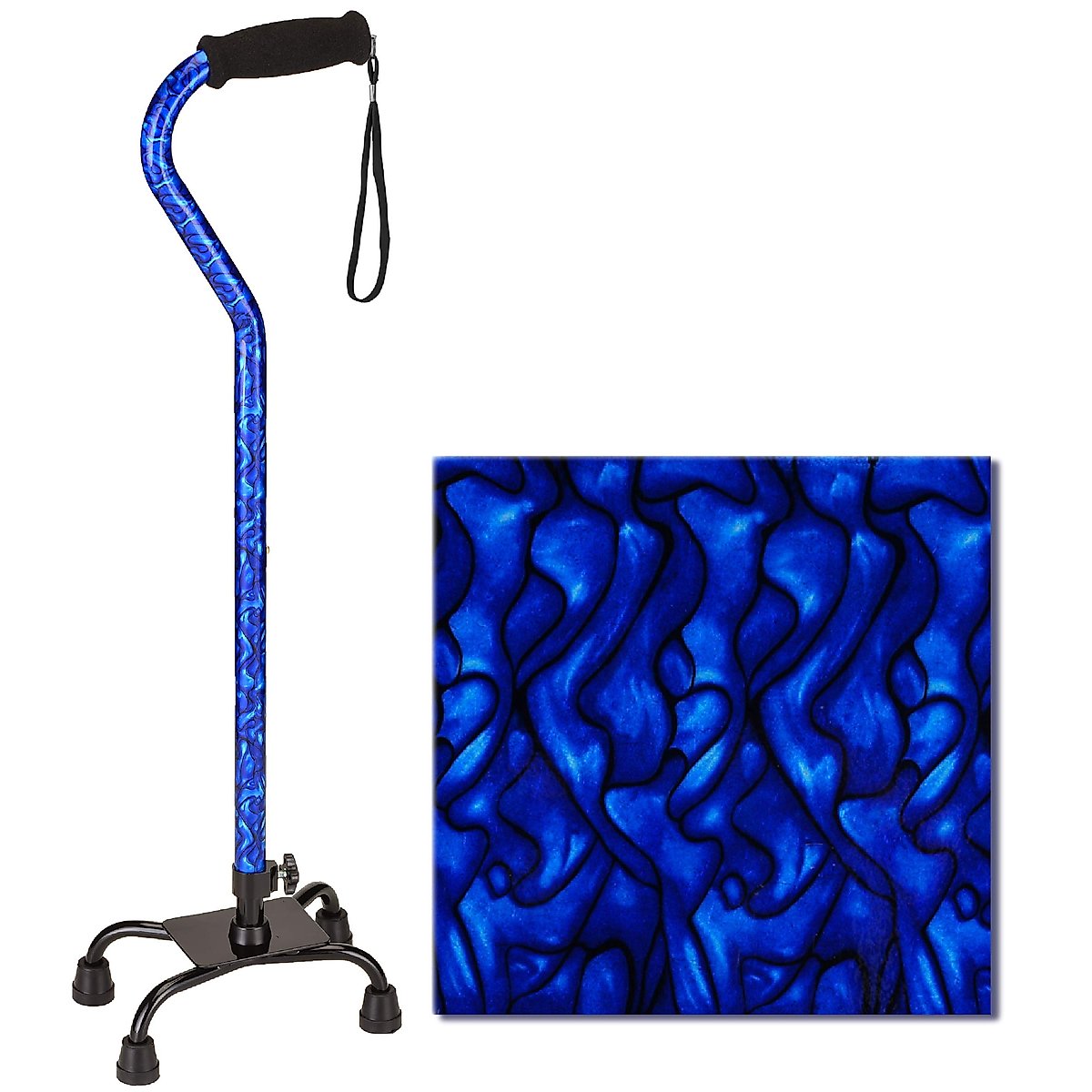NOVA Designer Quad Cane, Lightweight Four Legged Walking Cane with Soft Grip Handle, Height (for users 4’11” - 6’4”) and Left or Right Adjustable, Blue Waves Design
