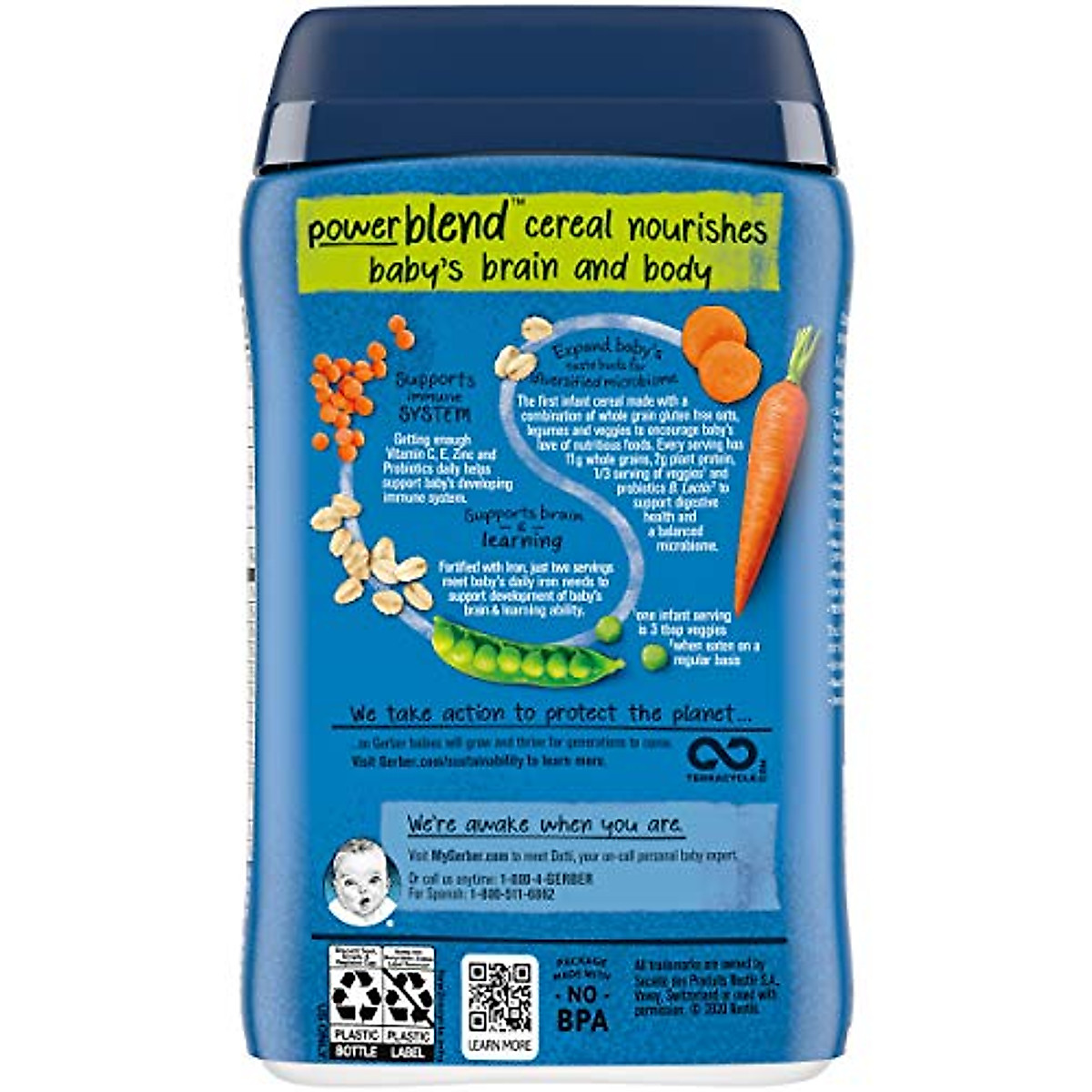 Gerber 2nd Foods Power Blend Cereal For Baby, Probiotic, Oatmeal, Lentil, Carrots & Peas, With Whole Grains & Plant Protein, 8 OZ Canister (Pack of 3)