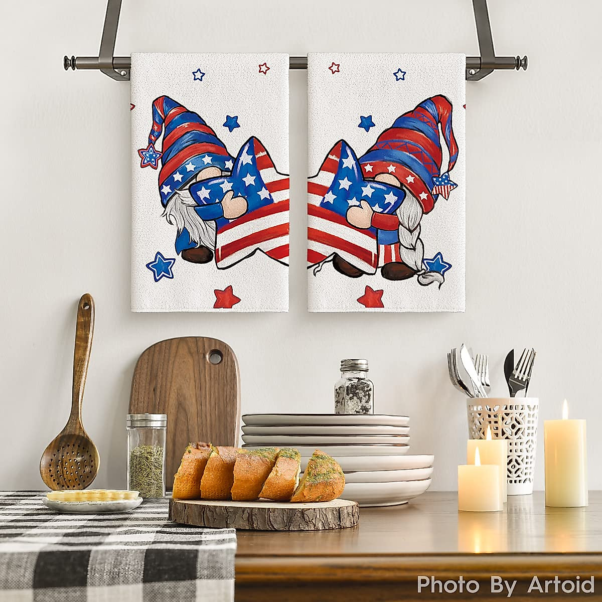 Artoid Mode American Flag Stars Gnome 4th of July Kitchen Towels Dish Towels, 18x26 Inch Seasonal Decoration Hand Towels Set of 2