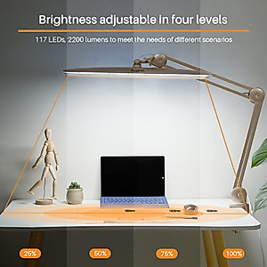 bemelux Task Lamp with Clamp, Bright 117PCS LEDs, Metal Swing Arm 24W 2200 Lumen Dimmable Led Desk Lamp for Architect Home Office Study Reading Dorm Workbench Craft, 23 Inch Lamp Head Work Lamp