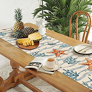 Seliem Summer Sea Starfish Conch Coral Table Runner, Coastal Ocean Wave Stripes Kitchen Dining Table Decor, Nautical Spring Seasonal Beach Home Decoration Indoor Outdoor Party Supply 13 x 72 Inches