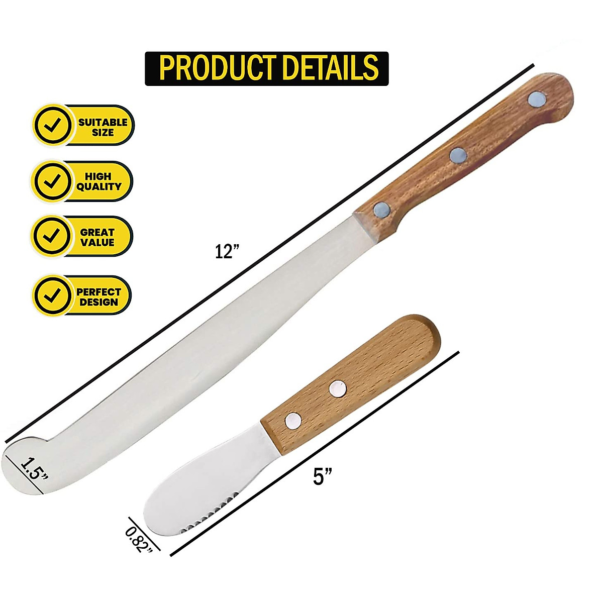 Performore 2PCS Spreader Knives, 12” Peanut Butter Knife that Works Great with Jars and 5” Short Spreading Knife, Stainless Steel Spatulas with Wooden Handle Spreader Set