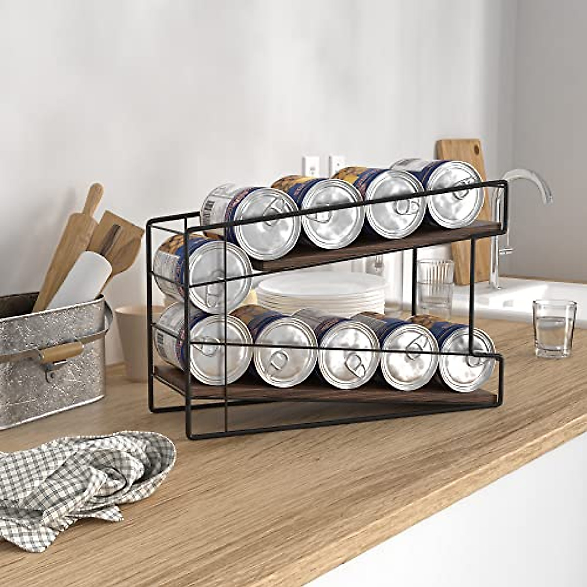 Stackable Beverage Can Dispenser Rack, Metal Black Lacquered Wooden Can Storage Organizer Holder, Can Storage Dispenser Holder for Refrigerator, Cabinet, Kitchen Pantry, Countertop