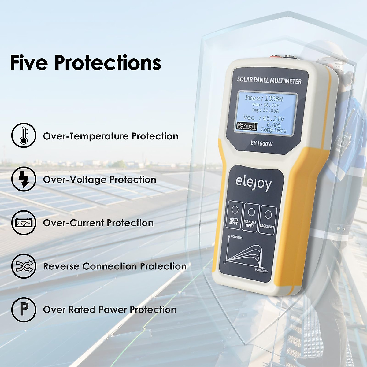 Solar Panel Tester, 1600W Photovoltaic Panel Multimeter Manual/Auto MPPT Tester with Backlight, Solar Panel Powered, LCD Multimeter for Measuring The MAX Power of Photovoltaic Panels, Voltage Tester