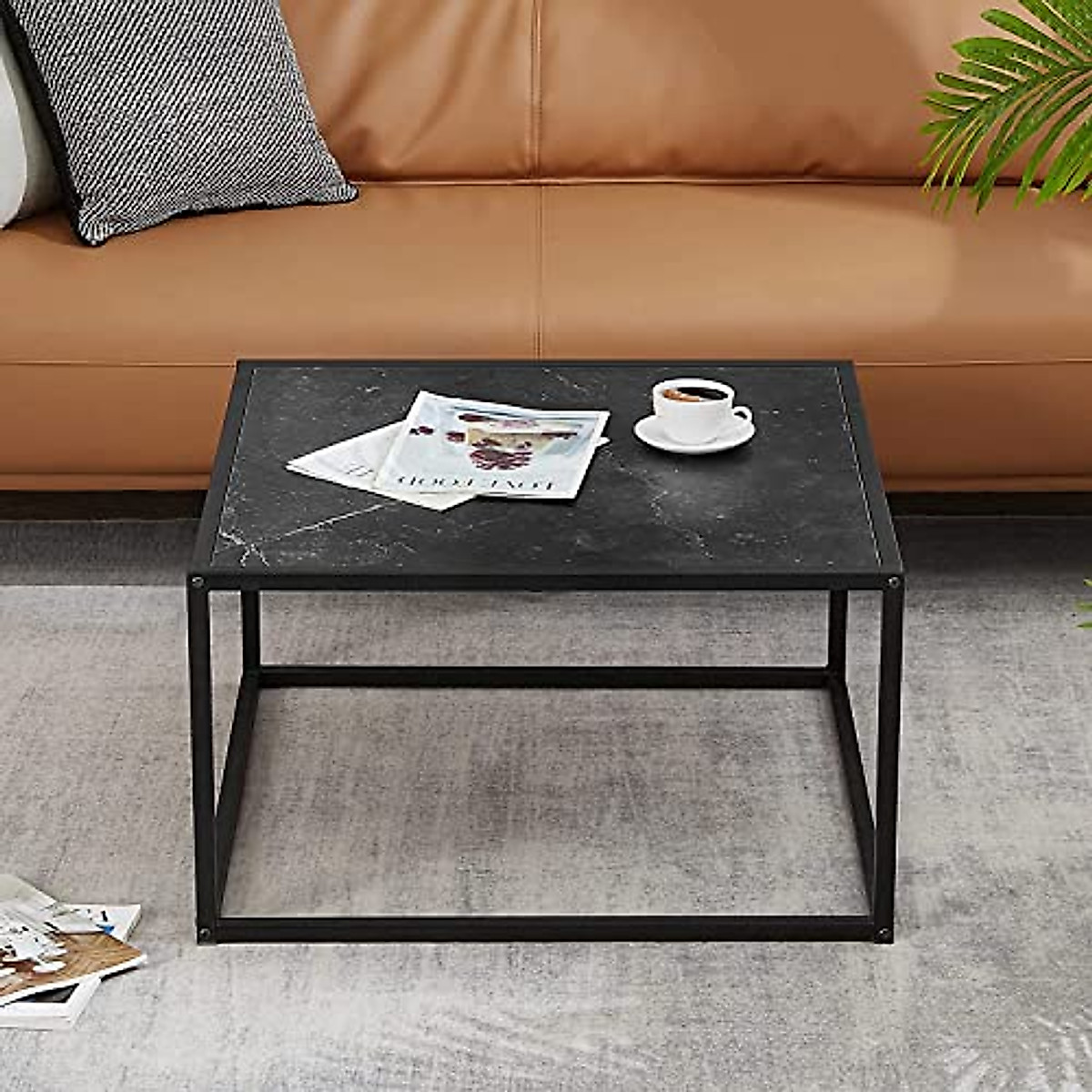 SAYGOER Black Coffee Table Small Square Coffee Tables Simple Modern Center Table for Living Room Home Office 27.6 * 27.6 * 15.7Inch, Easy Assembly, Black Faux Marble