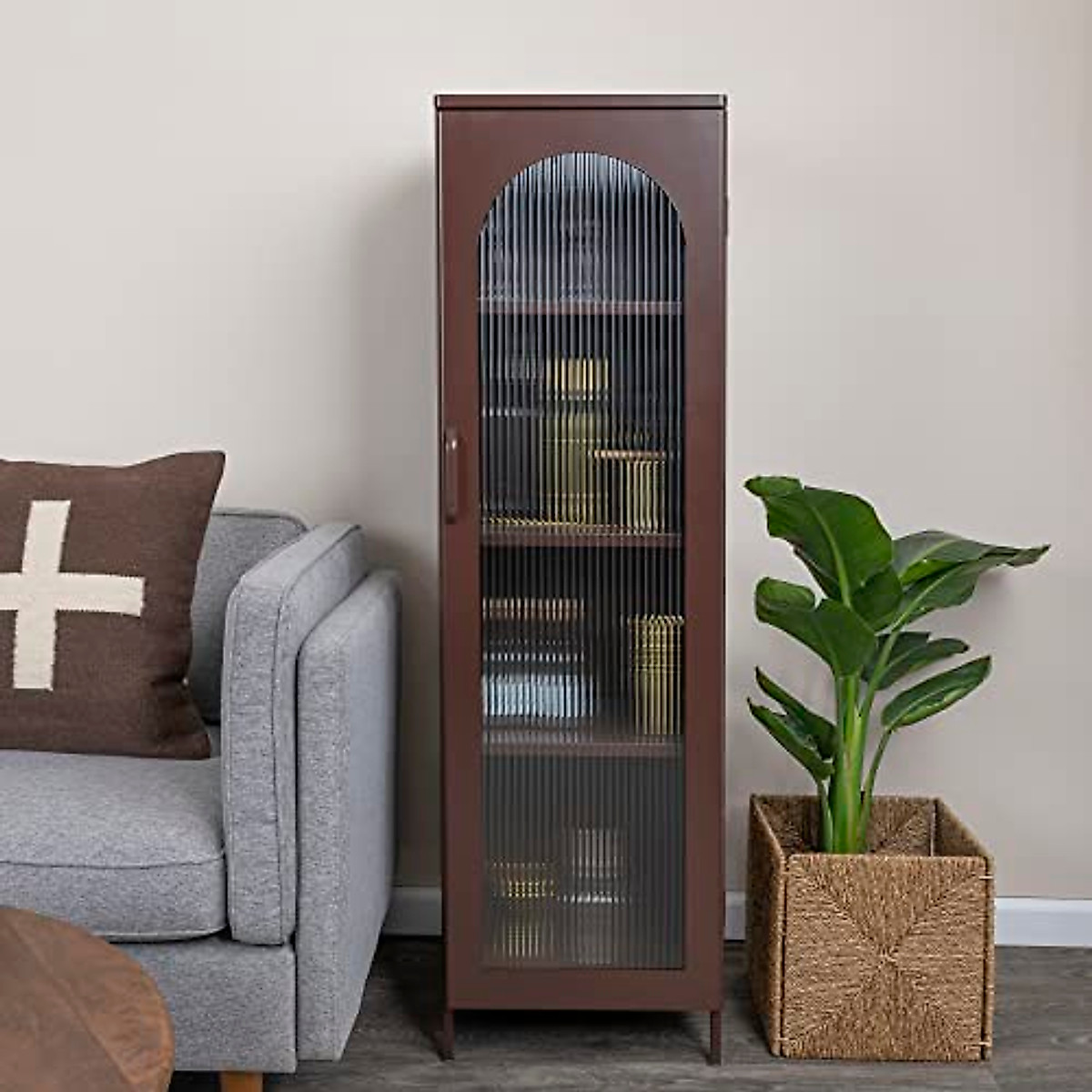 Creative Co-Op Solstice Metal Cabinet with Arched Glass Door, Brown