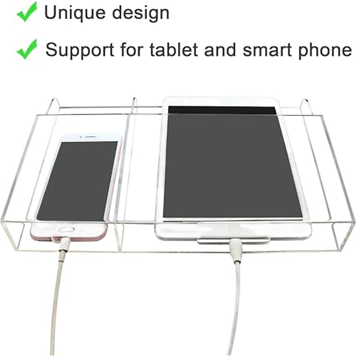 Yoillione Wall Mount Tablet and Phone Charging Stand for Tablet, Smartphone, E-Book, 2 Slots Remote Control Holder for TV, Air Conditioning, Clear Acrylic Remote Storage Media Organizer Box