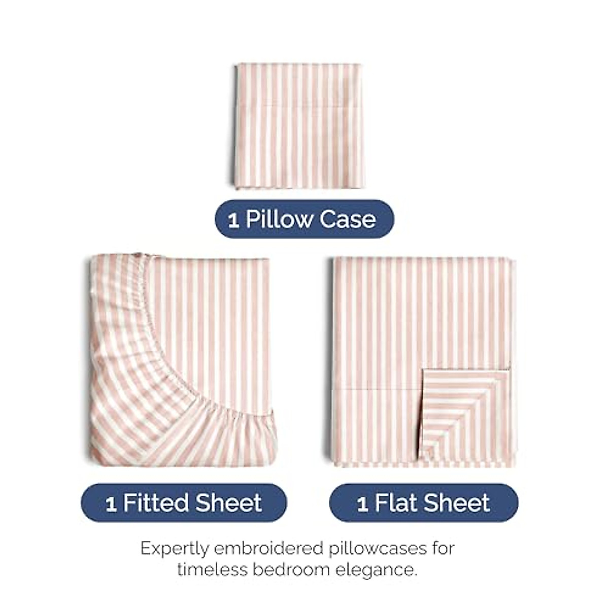 Twin Size 3 Piece Sheet Set - Extra Soft, Breathable & Cooling Sheets - Hotel Luxury Durable Bed Sheets for Women & Men - Deep Pockets, Easy-Fit & Wrinkle-Free Sheets - Blush Stripes Oeko-Tex Sheets