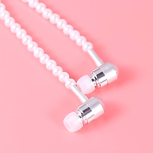 in-Ear Eardphones with Mic - in-Ear Headset with Remote and Mic Hands- Wired Pearls Chain Universal Earphone for Girls Women Student (White)