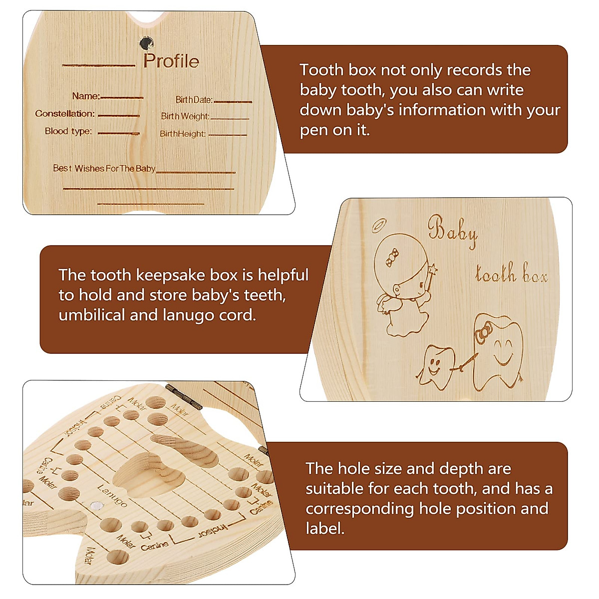 Kisangel 1pc Baby Tooth Save Box Tooth Fairy Box Teeth Souvenir Box Wooden Tooth Keepsake Box Teeth Storage Container