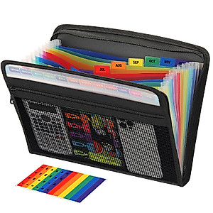 H4D Zippered Accordian File Organizer, 13 Pocket Expanding File Folder Accordion Folder with Zipper, Acordian File Keeper Expandable File Organizer Folder for Documents Letter Size A4 Papers, Black