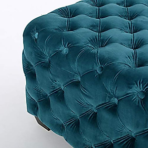 Great Deal Furniture Provence Modern Glam Button Tufted Velvet Ottoman, Dark Teal and Dark Brown