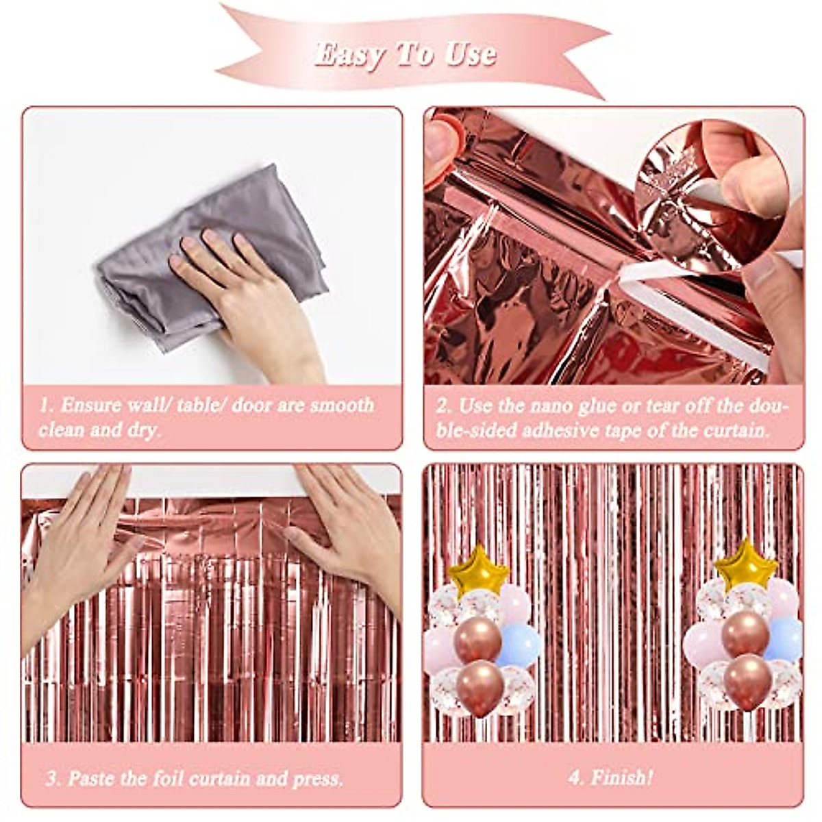 RUBFAC Rose Gold Foil Fringe Curtain, 6.4x8 Feet, Pack of 2, Metallic Rose Gold Streamers, Rose Gold Backdrop for Party Decorations for Birthday Decor Bachelorette Wedding Princess Party Graduation