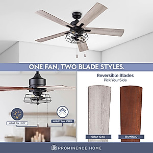 Prominence Home Marshall, 52 Inch Industrial Style LED Ceiling Fan with Light, Pull Chain, Three Mounting Options, Dual Finish Blades, Reversible Motor - Model 51457-01 (Matte Black)