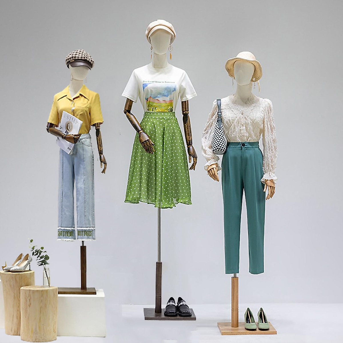 Female Mannequin Torso Dress Form, Clothing Display Model Body Stand with Head, Wooden Arms and Base for Sewing Clothing, Jewelry, Height Adjustable 47-75 Inch (Whole Body)