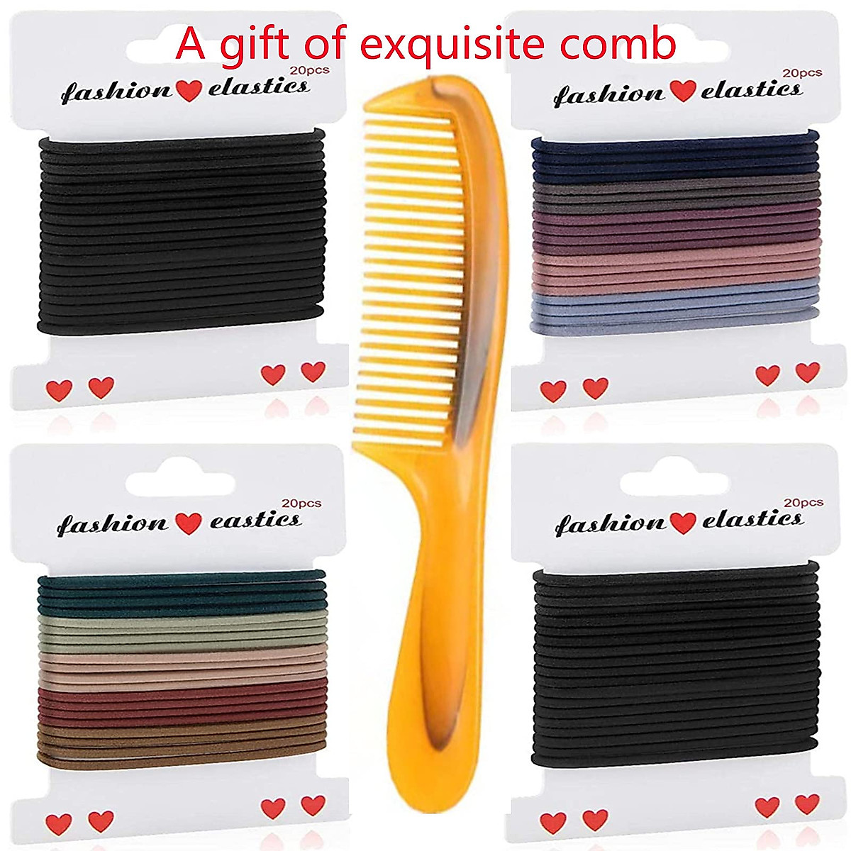 Aigee Hair Elastics, High Stretch Rubber Hair Band, No Metal No Damage, Hair Band Dia 1.58 IN Thk 0.1 IN Or 2.5mm, Suitable for women and men (Value Set Black/Colored Each 40pcs) A gift of exquisite comb, 80 PCS