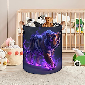Flame Tiger Laundry Hamper, Tropical Tiger Dirty Clothes Hamper, Foldable Round Laundry Basket with Leather Handle Trim - Suitable for Office, Bedroom and Utility Room