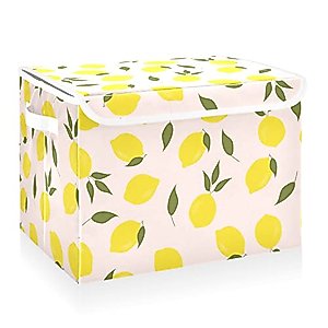 CaTaKu Lemon Leaves Storage Bins with Lids Fabric Large Storage Container Cube Basket with Handle Decorative Storage Boxes for Organizing Clothes Shelves