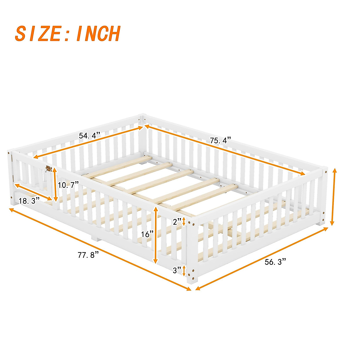 CITYLIGHT Full Size Floor Bed with Rails, Wood Montessori Floor Bed Full with Support Slats, Kids Full Bed Frame with Door Design for Boys,Girls, White