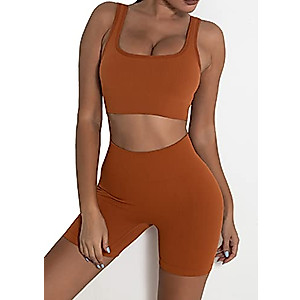 Women's Seamless Ribbed Crop Tank and Tummy Control Biker Shorts Jumpsuit Romper Set 2 Piece Workout Outfit Coffee L