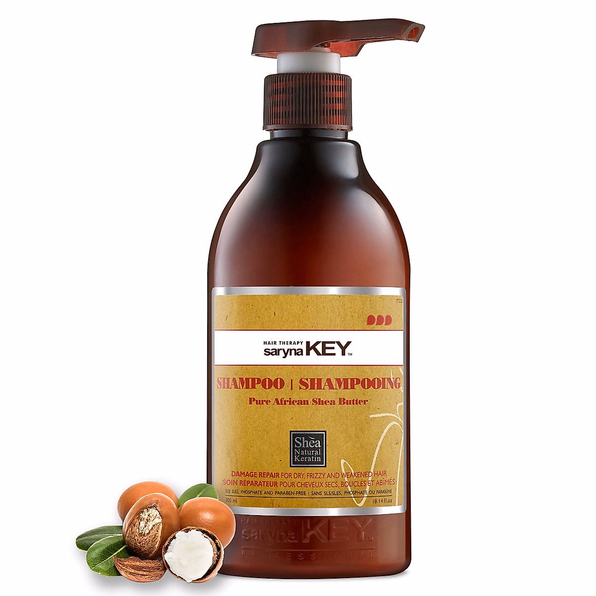 Saryna Key Shampoo for Damaged Hair with Pure African Shea Butter - Moisturizing Shampoo for Dry Damaged Hair - Professional Keratin Treatment - Sulfate Free, No Parabens, Cruelty Free (300ml/10.14oz)