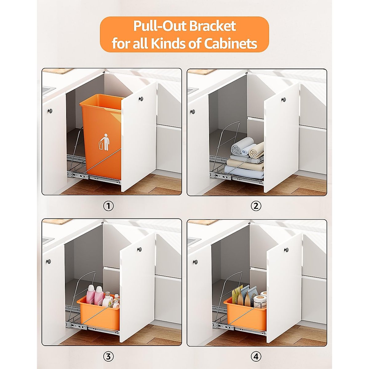 RUNMI Pull Out Trash Can Under Cabinet, Under Sink Trash Can Rack with Door Mounting Kit, Cabinet Trash Can Pull Out Kit Holds 7-10 Gallon Trash Can, for Kitchen Cabinet, Trash Can Not Included