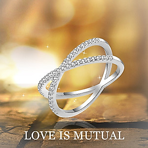 X ring Sterling Silver, Cubic Zirconia X Criss Cross Ring for Women, Mothers Day Jewelry for Wife Girlfriend, Present for Her, Size 6-8 (white-gold-plated-silver, 6)