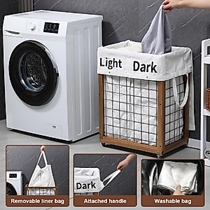 EVERBBKING Laundry Hamper with Wheels, Rolling laundry hamper with lid,acacia wood laundry cart, 2 section Laundry Basket, 75L capacity with Removable Liner Bag for laundry room,bedroom