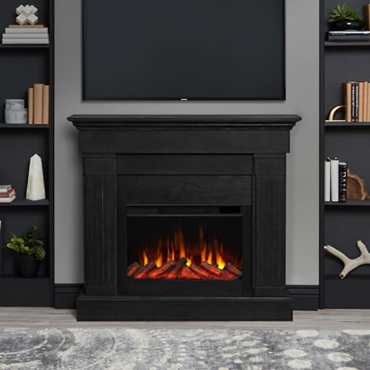 Real Flame Crawford Slim Indoor Electric Fireplace, Black, Free-Standing with Real Wood Mantel Finish - 6 Flame Colors, Adjustable Thermostat, 120V, 1400W, 5100 BTUs