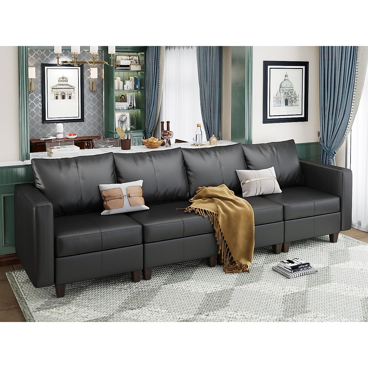 EASE MOOSE Modular Sectional Couch with Storage Seats, 4 Seat Faux Leather Convertible Modular Sofa Sectional Sofa Couch with Reversible Chaises for Small Spaces