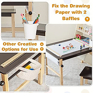TUOCHUFUN Kids Art Table and Chair Set, Wooden Drawing Painting Craft Center with Paper Roll, 2 Markers, 2 Storage Bins, Kids Activity Play Table with 2 Stools for Boys Girls Ages 3+