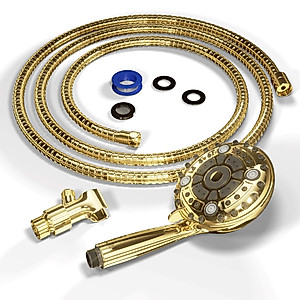 Aquarius Mist Handheld Gold Shower Head With Hose (Extra Long) Spa Grade High Pressure Hand Held Showerhead Wand With 6 Spray Settings – Adjustable Mount Holder & Teflon Tape - Polished Brass